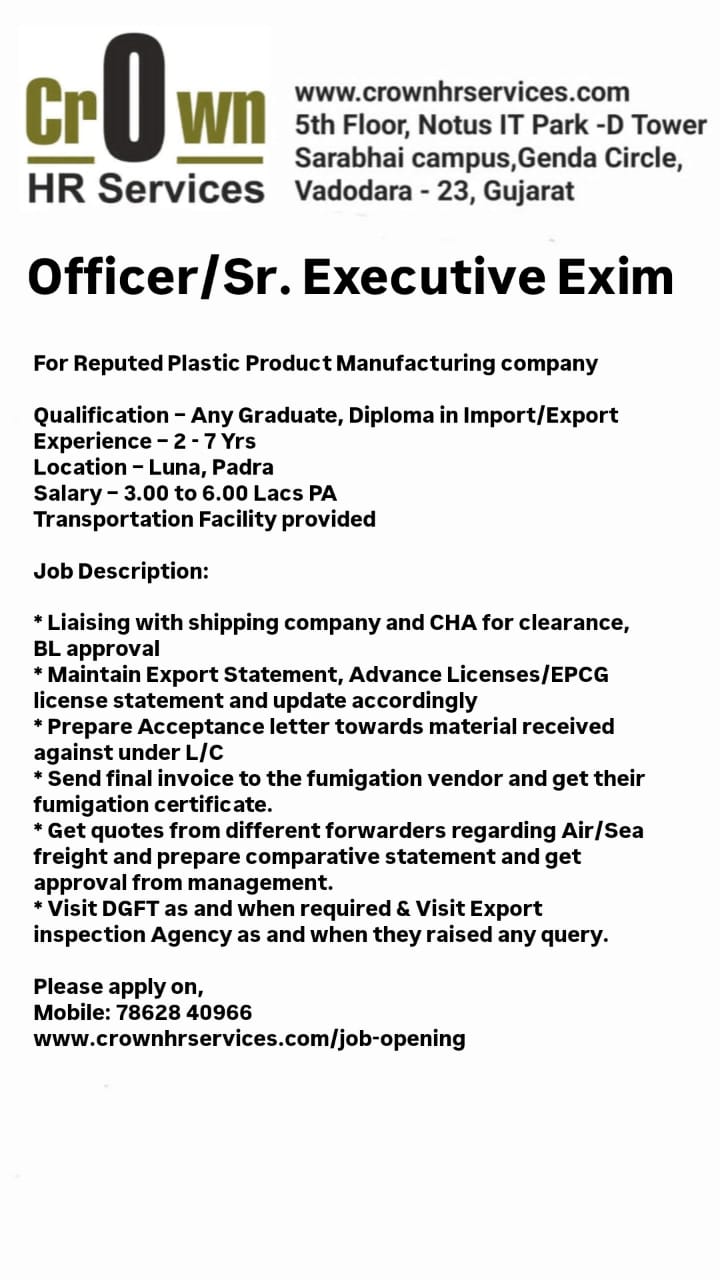 Crown HR | Officer/Sr. Executive Exim| Job-Opening