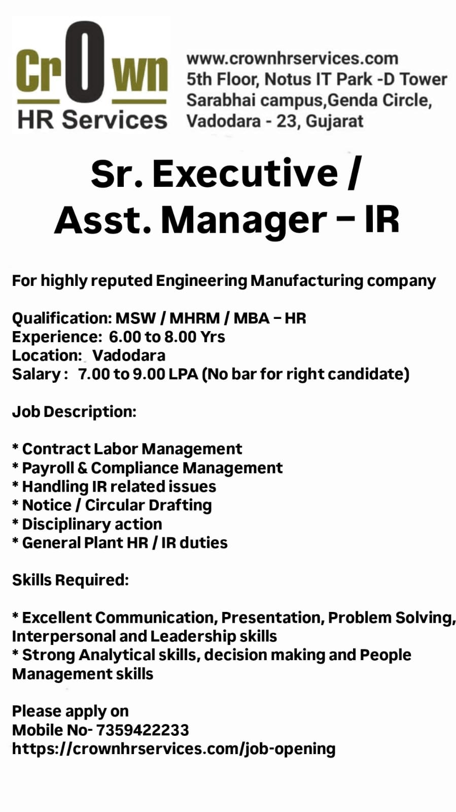Crown HR | Sr. Executive / Asst. Manager – IR| Job-Opening