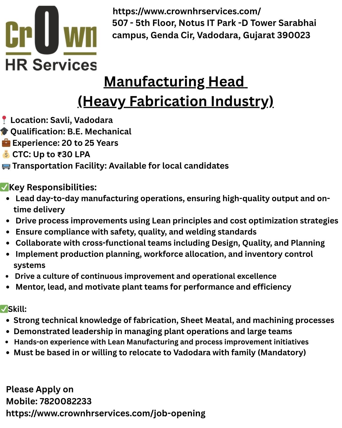 Crown HR | Manufacturing Head| Job-Opening