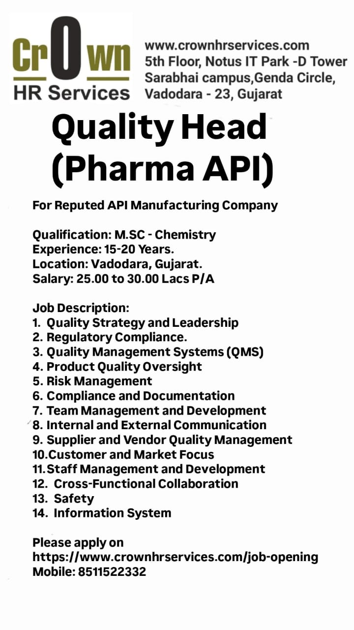 Crown HR | Quality Head (Pharma API)| Job-Opening