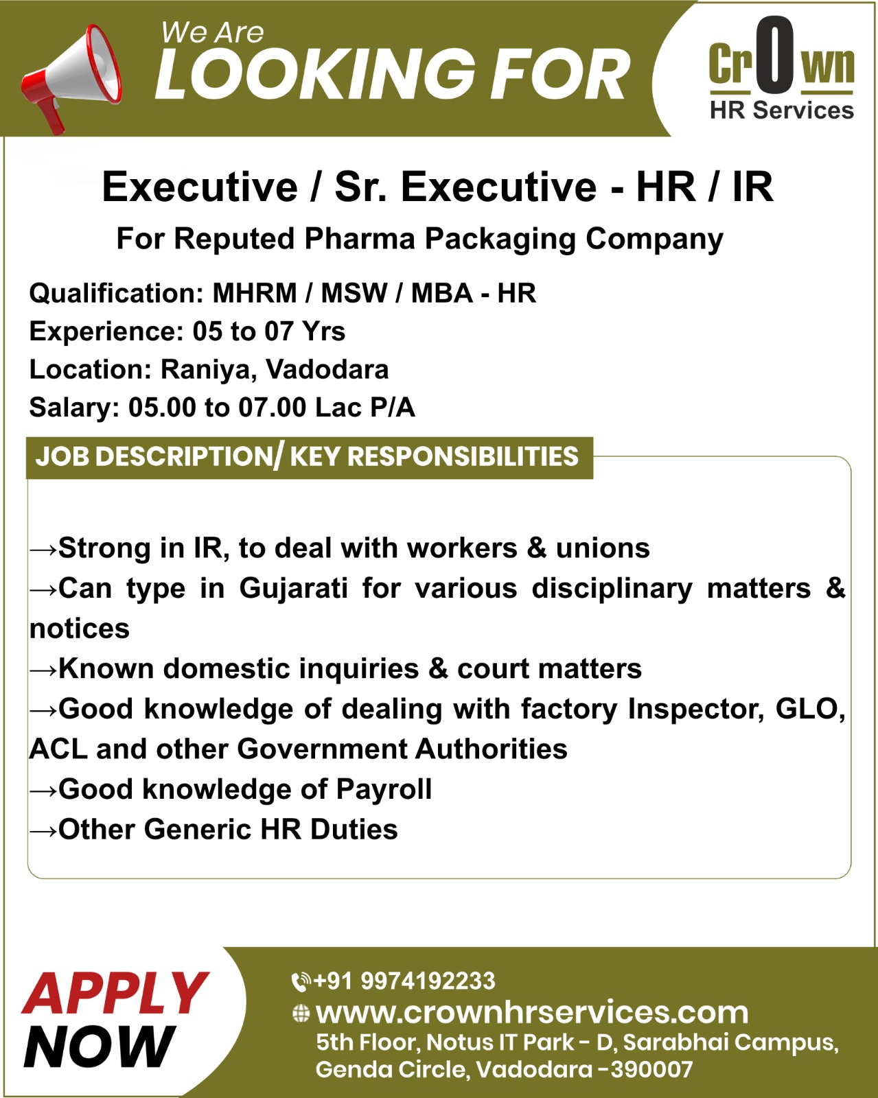 Crown HR | Executive / Sr. Executive- HR / IR| Job-Opening