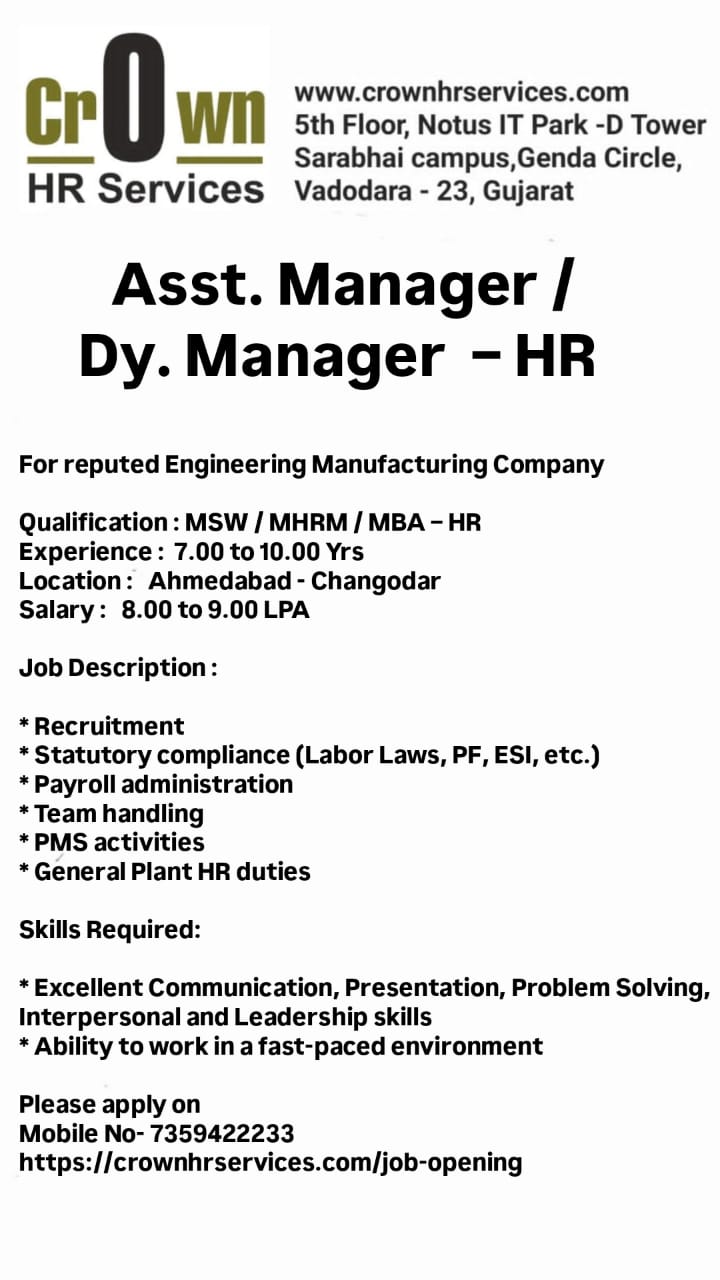 Crown HR | Asst. Manager / Dy. Manager – HR| Job-Opening