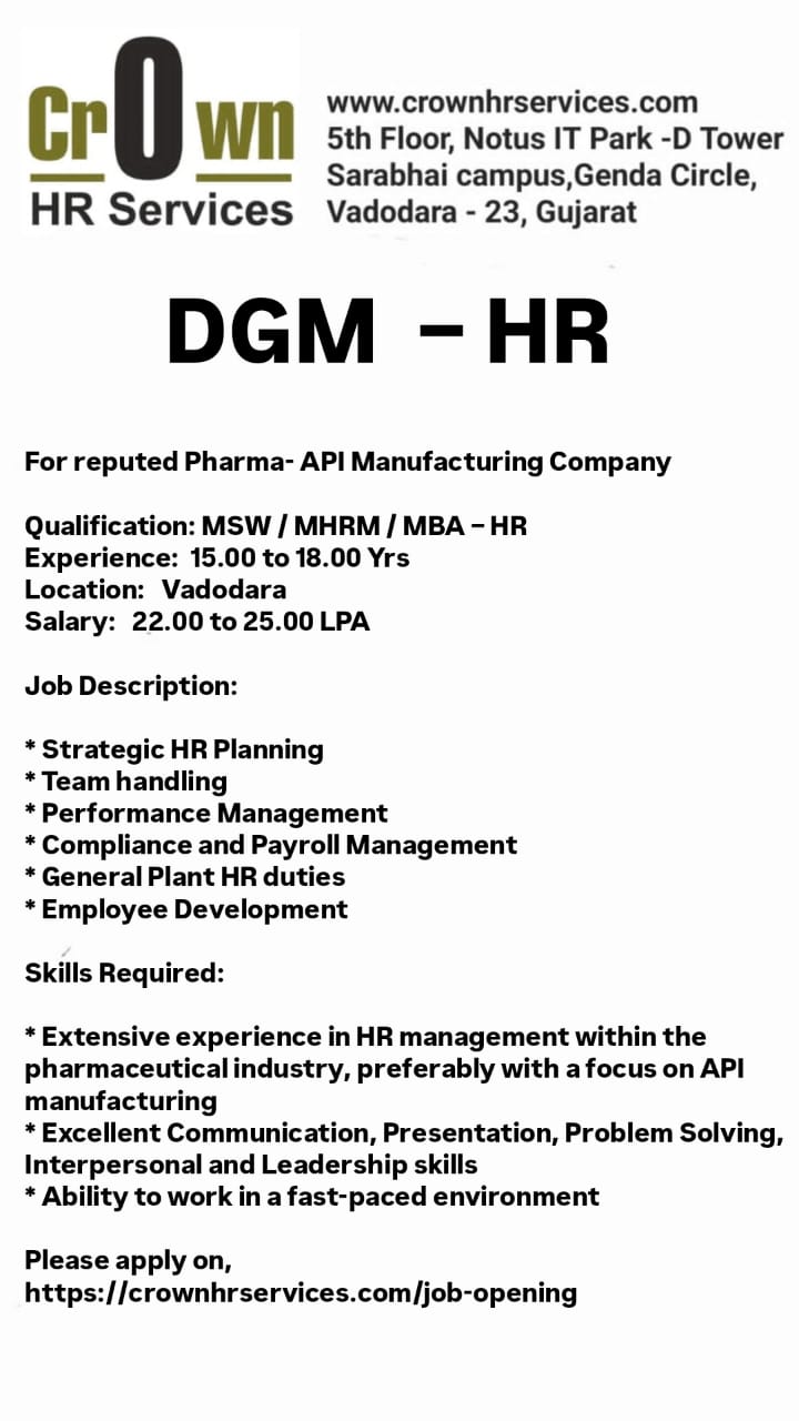 Crown HR Services | DGM – HR| Job-Opening