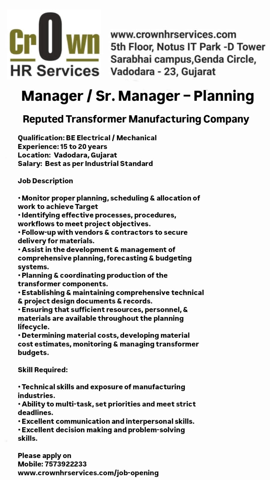 Crown HR | Manager / Sr. Manager Planning (Transformer Manufa| Job-Opening