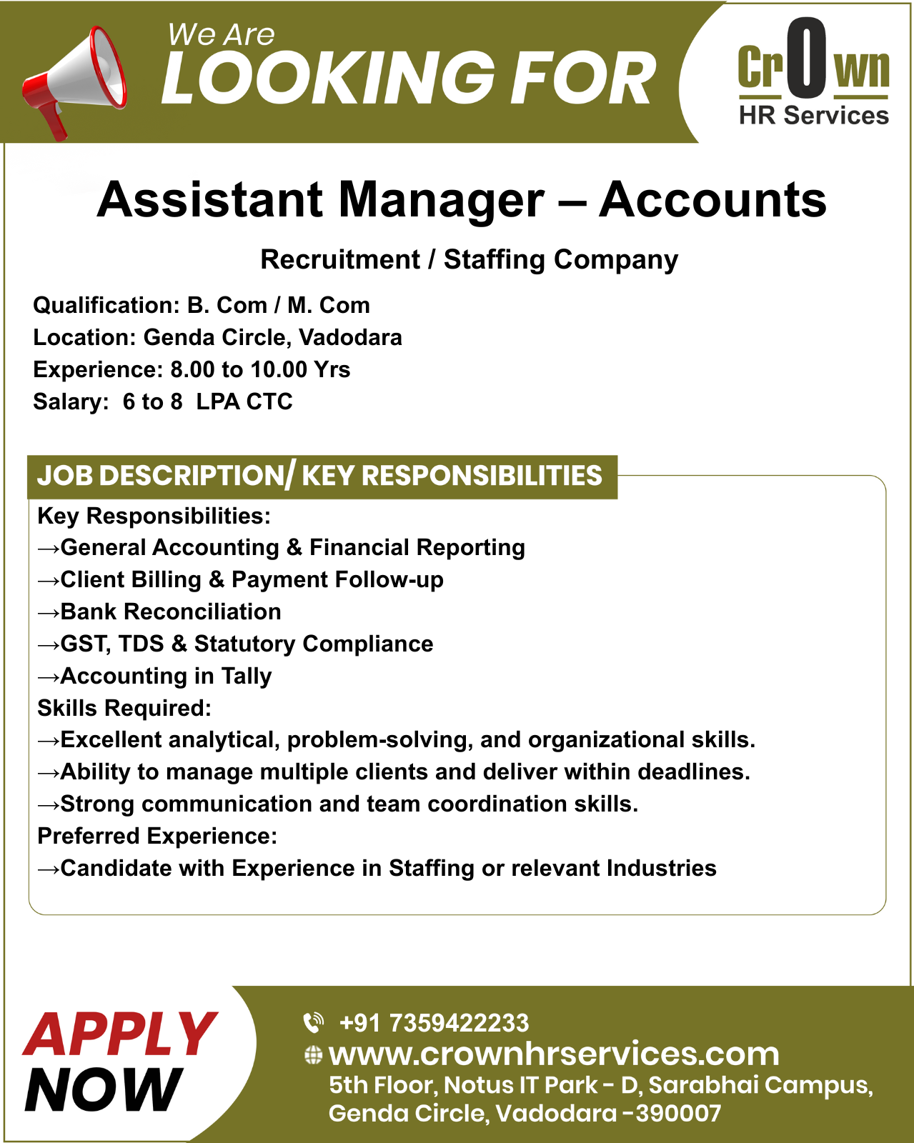 Crown HR | Asst. Manager – Accounts| Job-Opening