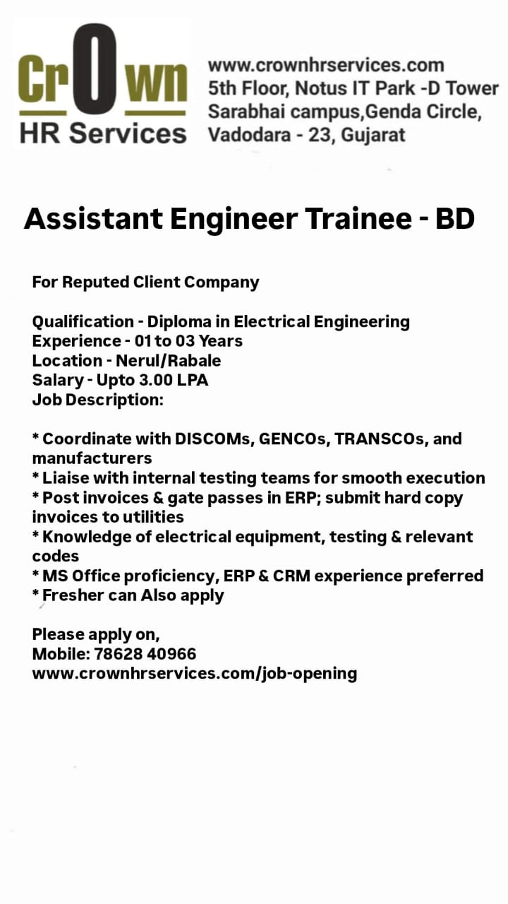 Crown HR Services | Assistant Engineer Trainee - BD| Job-Opening