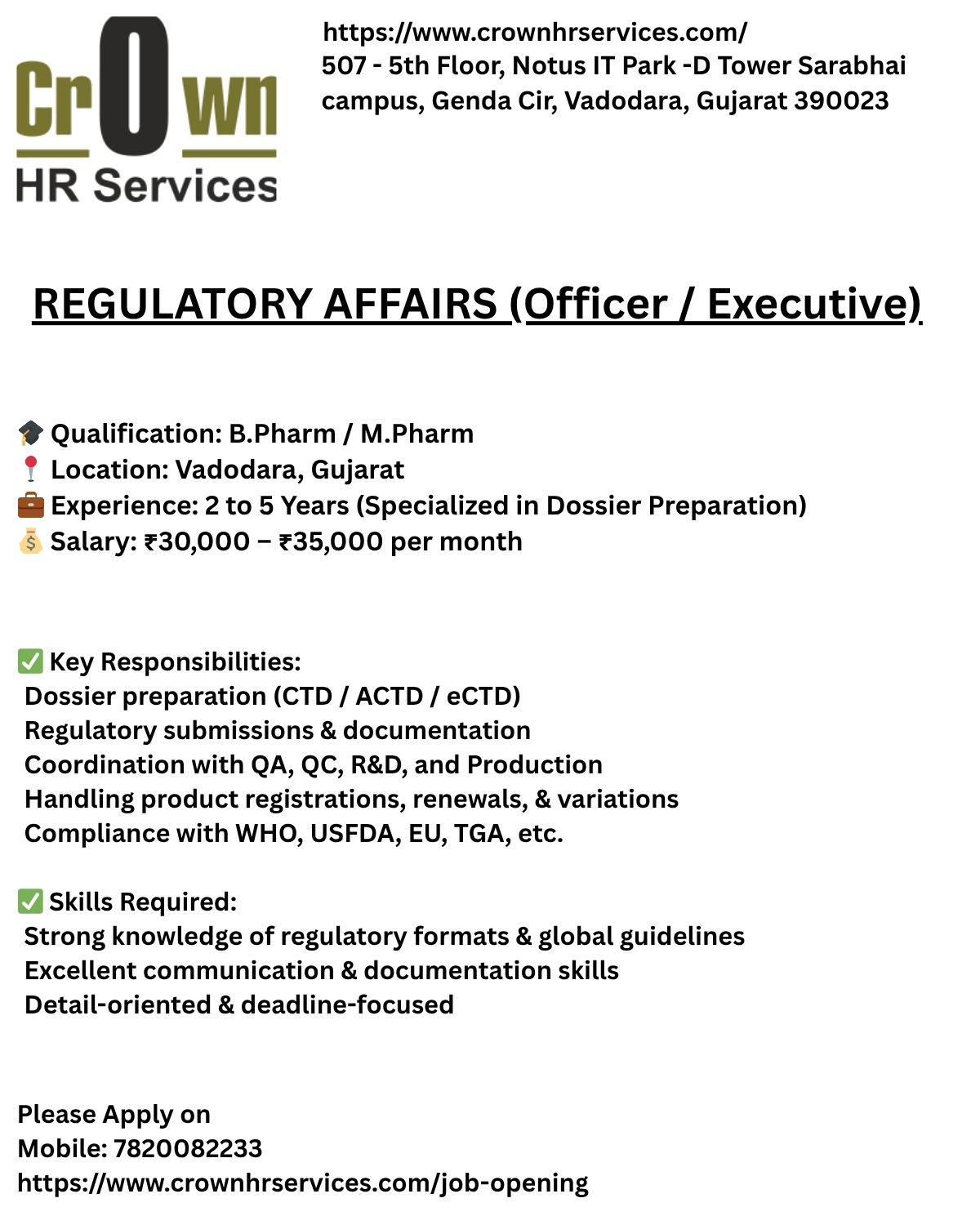 Crown HR | Regulatory Affairs – Officer / Executive| Job-Opening