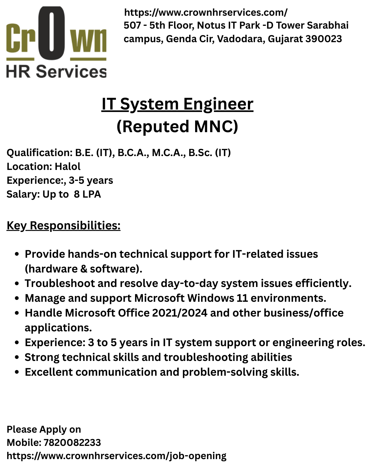 Crown HR | IT System Engineer| Job-Opening